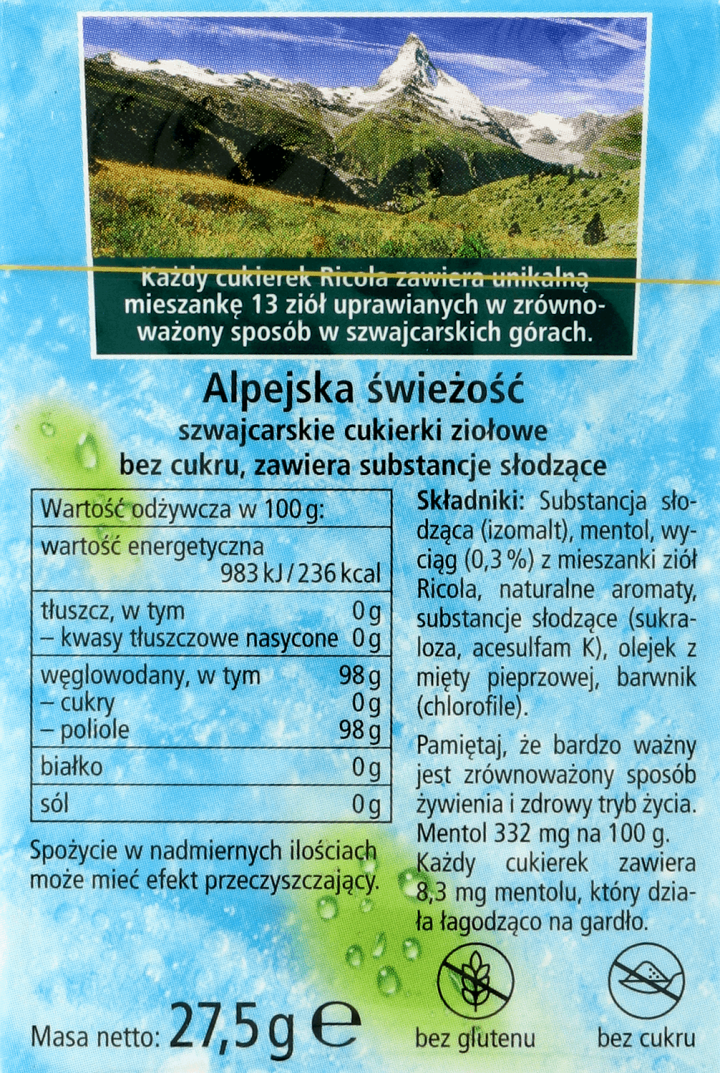 RICOLA, szwajcarskie cukierki ziołowe Alpejska Świeżość, 27,5 g ... RICOLA, szwajcarskie cukierki ziołowe Alpejska Świeżość, 27,5 g ...
