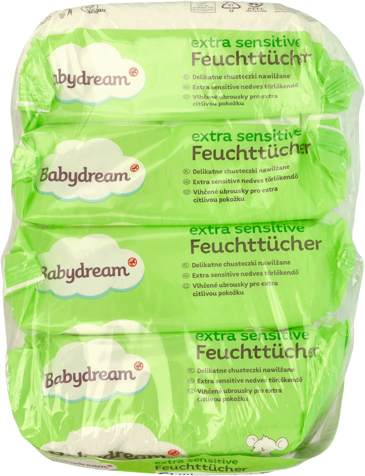 BABYDREAM, Extra Sensitive, delikatne chusteczki nawilżające, 4x80 szt ... BABYDREAM, Extra Sensitive, delikatne chusteczki nawilżające, 4x80 szt ...