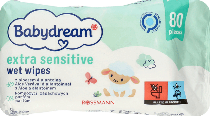 BABYDREAM, Extra Sensitive, delikatne chusteczki nawilżające, 80 szt ... BABYDREAM, Extra Sensitive, delikatne chusteczki nawilżające, 80 szt ...