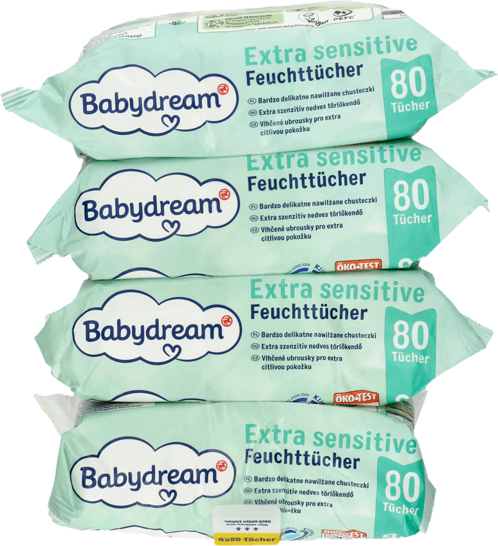 BABYDREAM, Extra Sensitive, chusteczki nawilżane dla niemowląt, 4 x 80 ... BABYDREAM, Extra Sensitive, chusteczki nawilżane dla niemowląt, 4 x 80 ...