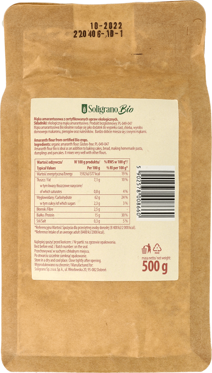 SOLIGRANO, BIO, mąka amarantusowa, bezglutenowa, 400 g | Drogeria ...
