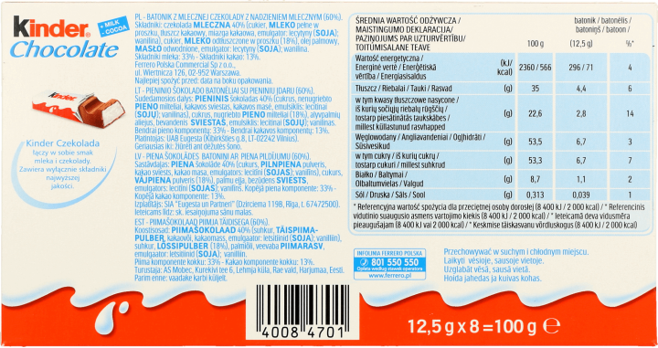 KINDER, Chocolate, batoniki z mlecznej czekolady z nadzieniem mlecznym ...